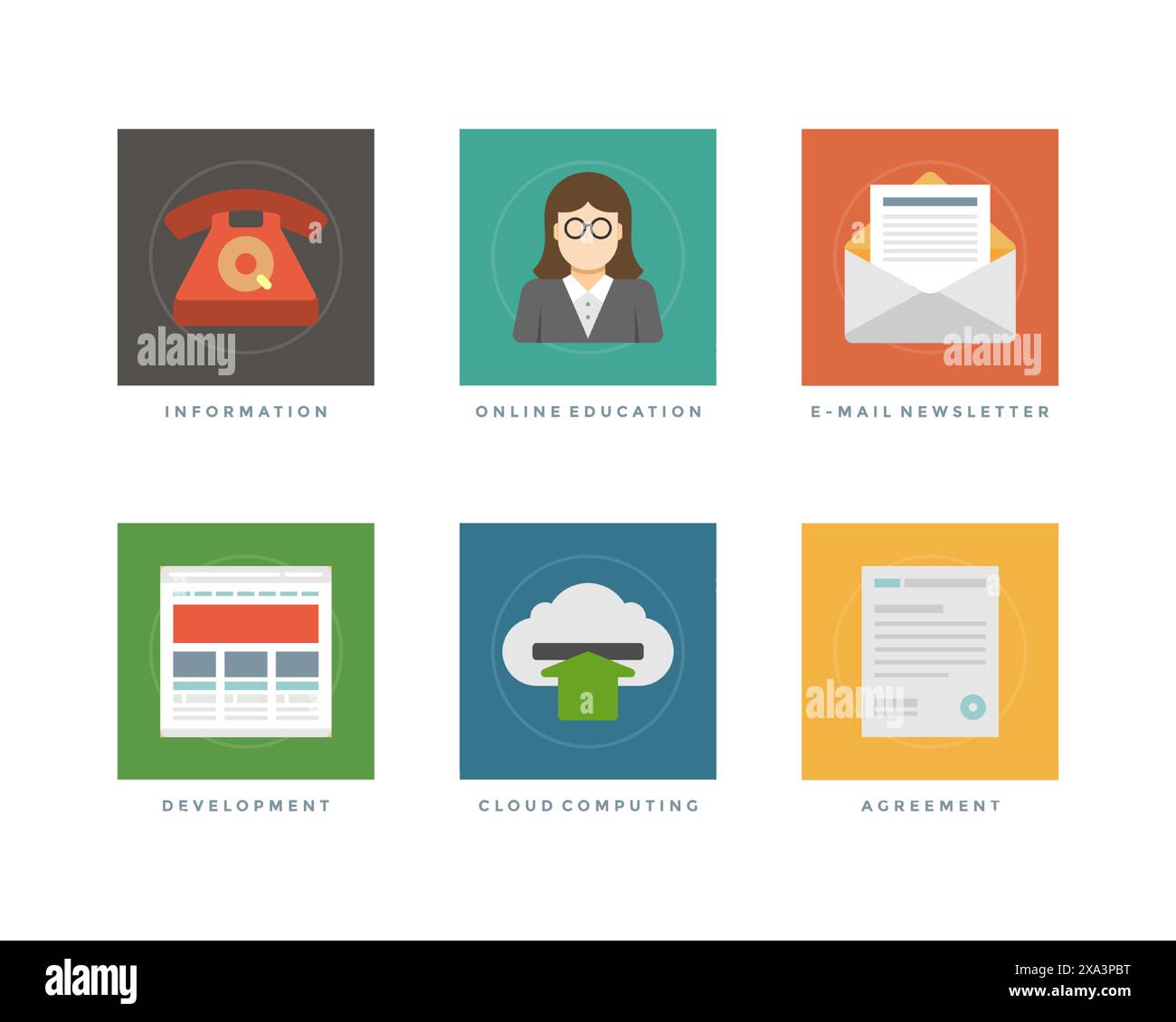 Business flat design icons, Telephone Customer Support, Online Education, E-mail Newsletter, Web ...