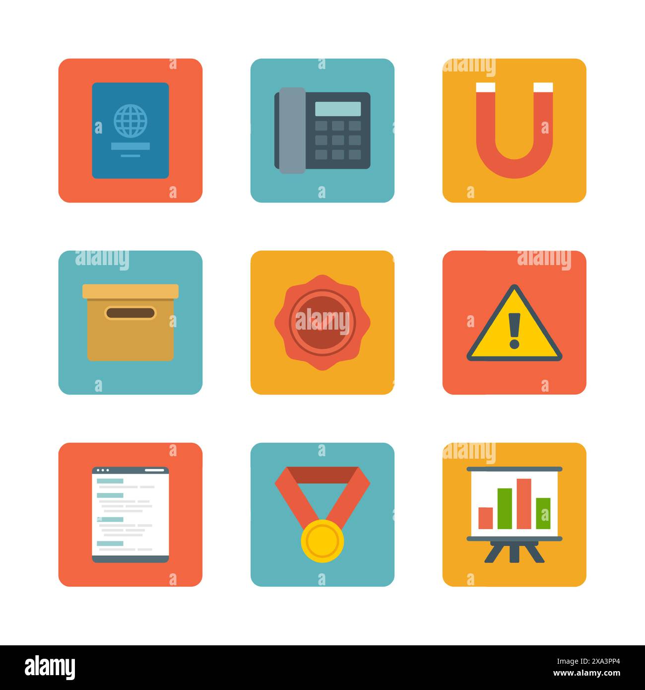 Flat design icons, Passport, Telephone, Magnet, Documents Box, Approved ...