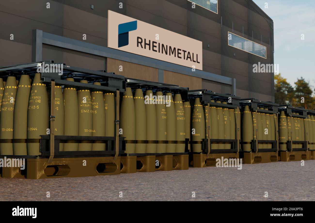 Artillery ammunition in front of Rheinmetal's armaments plant Stock ...