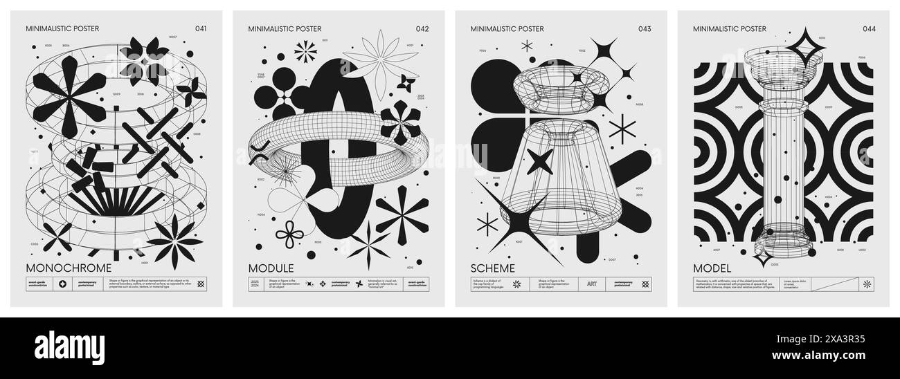 Futuristic retro vector minimalistic Posters with strange wireframes ...