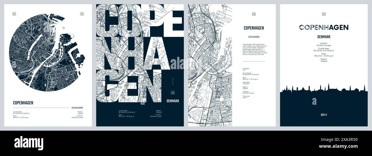 Set of travel posters with Copenhagen, detailed urban street plan city ...