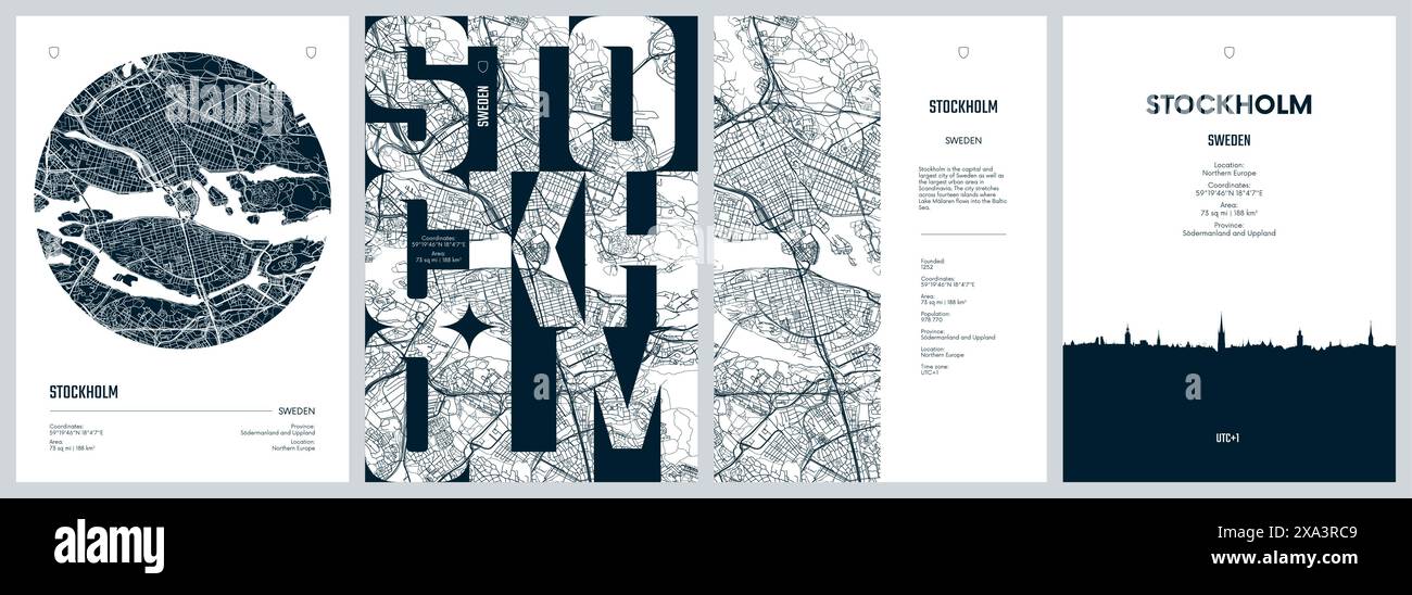 Set of travel posters with Stockholm, detailed urban street plan city ...