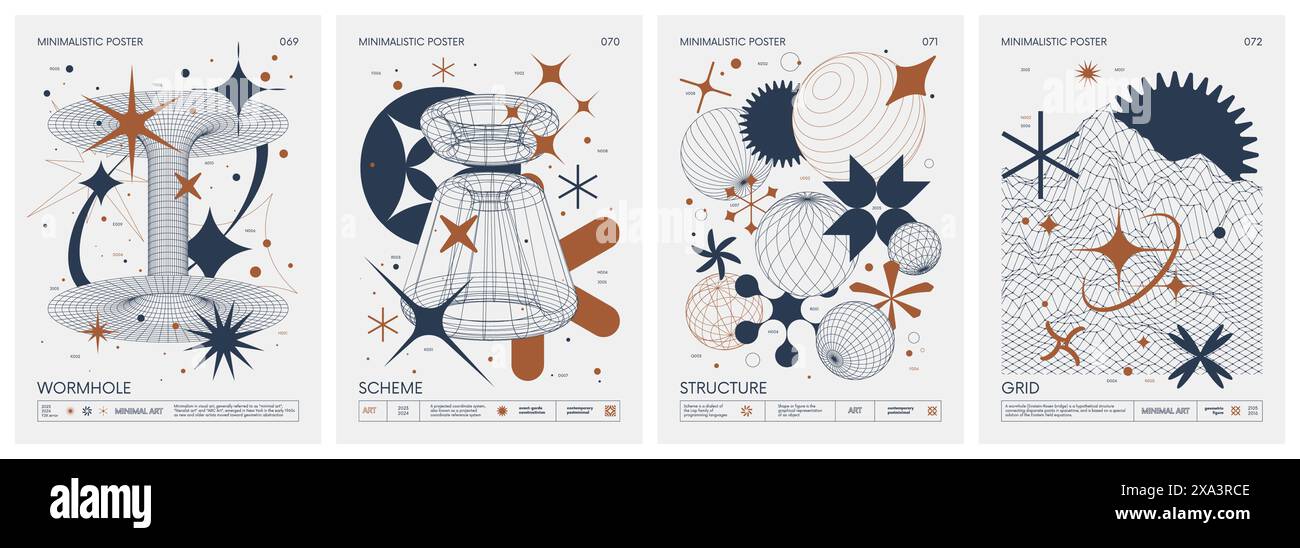 Brutalist style vector minimalistic Posters with strange wireframes ...