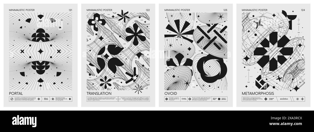 Futuristic retro vector minimalistic Posters with 3d strange wireframes ...