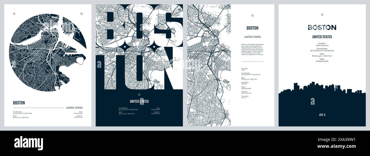 Set of travel posters with Boston, detailed urban street plan city map ...