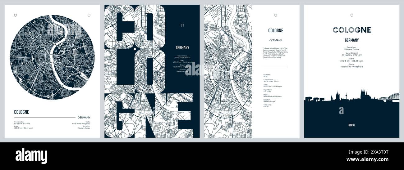 Set of travel posters with Cologne, detailed urban street plan city map, Silhouette city skyline ...