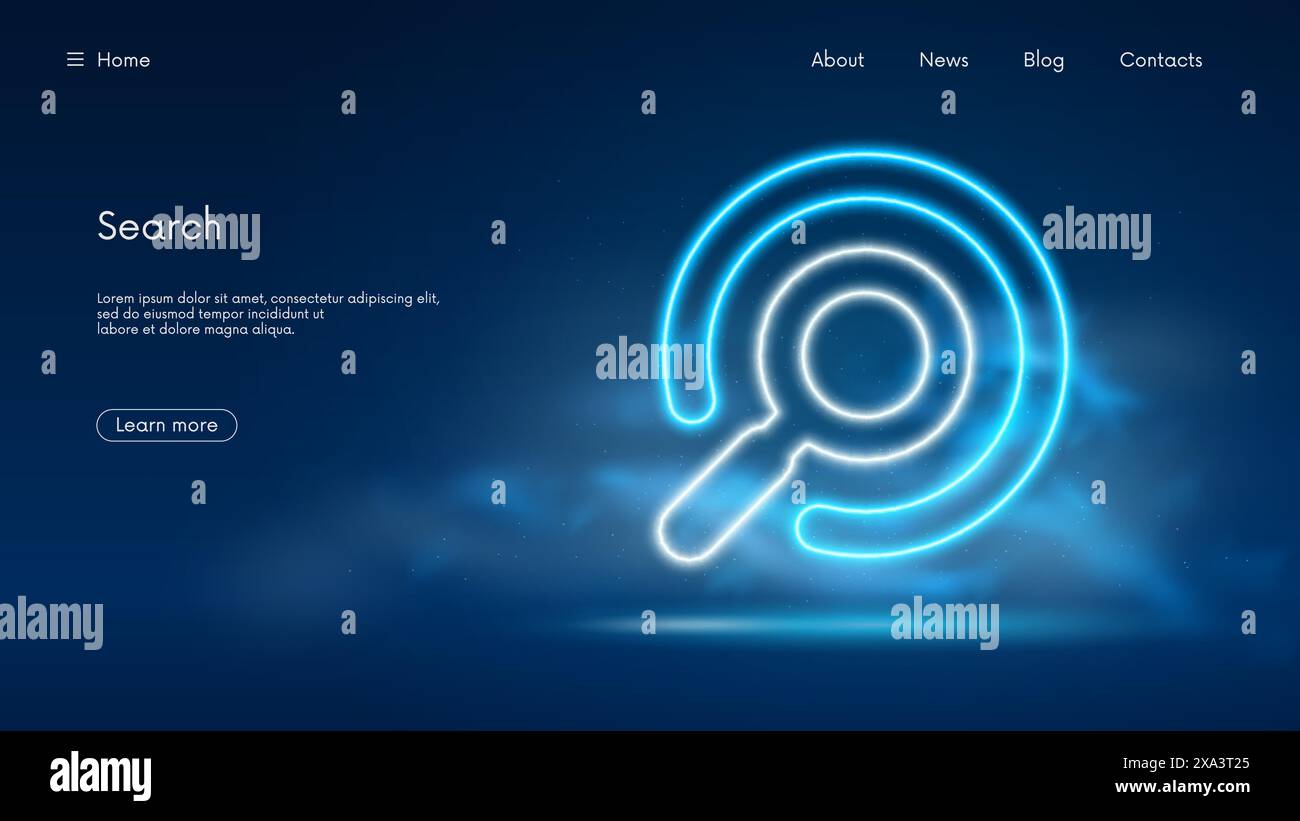 Glowing neon search sign, magnifying glass outline loupe pictogram in ...