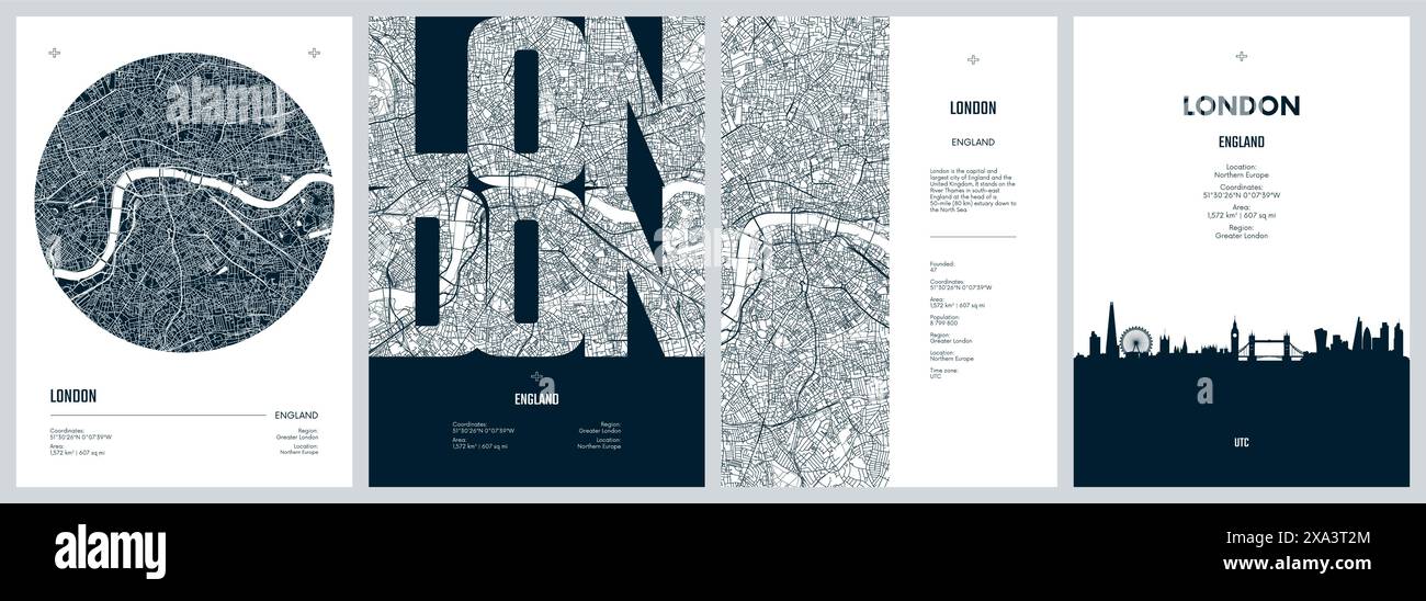 Set of travel posters with London, detailed urban street plan city map, Silhouette city skyline ...
