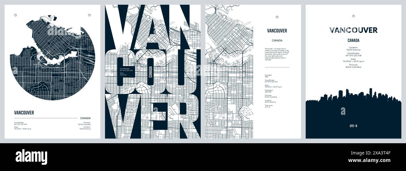 Set of travel posters with Vancouver, detailed urban street plan city ...