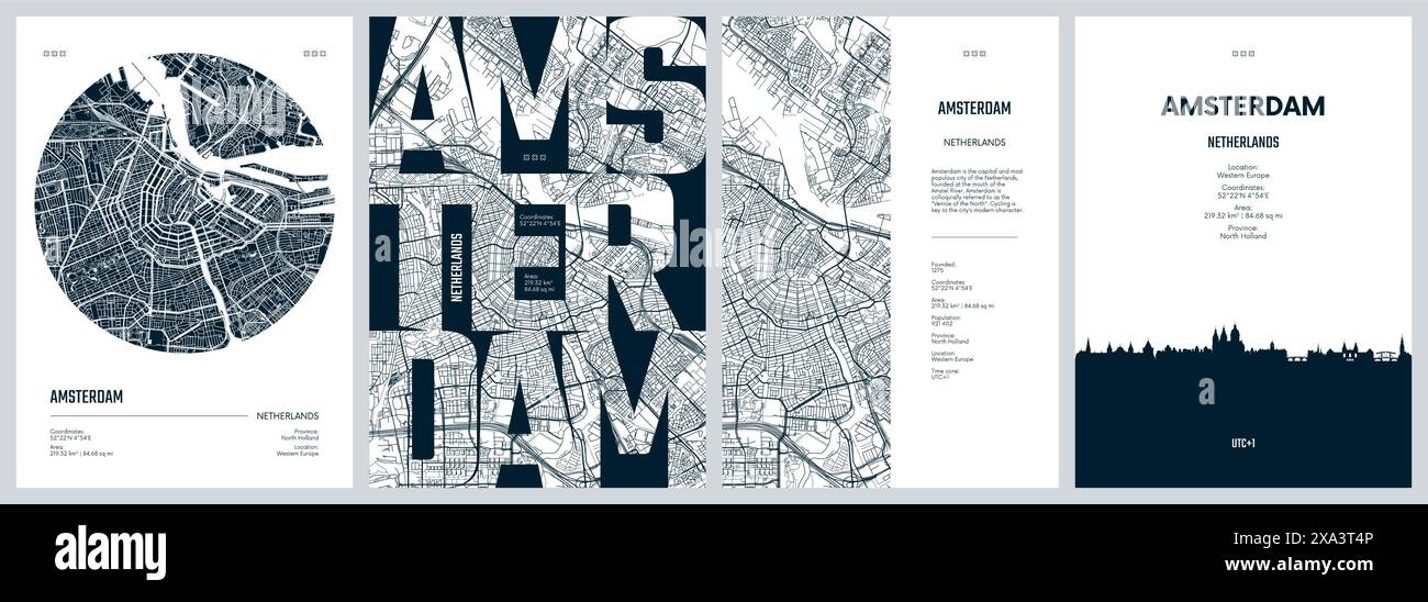 Set of travel posters with Amsterdam, detailed urban street plan city ...