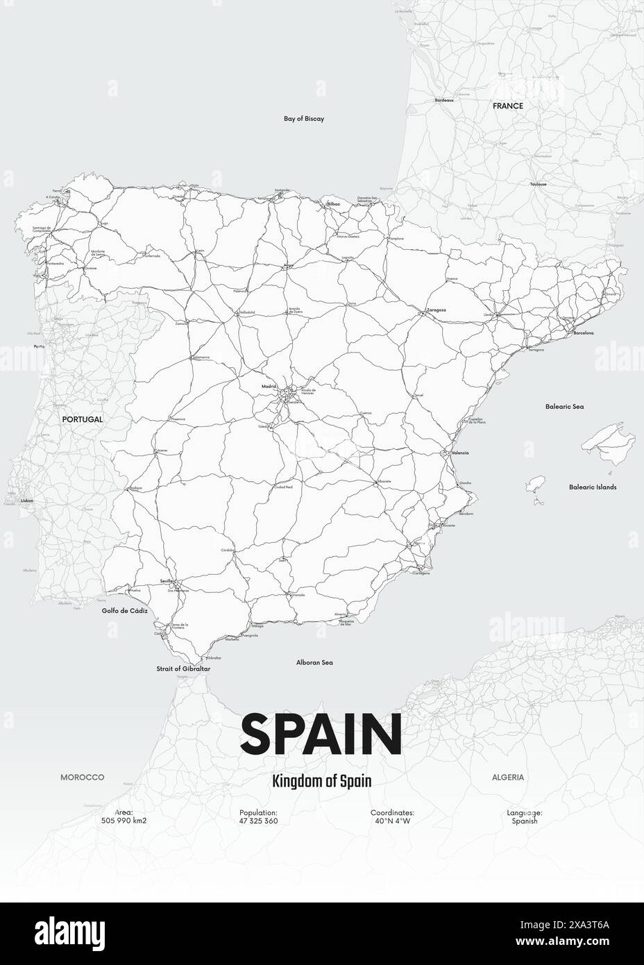 Road map of Spain with major cities, High detail vector poster of ...