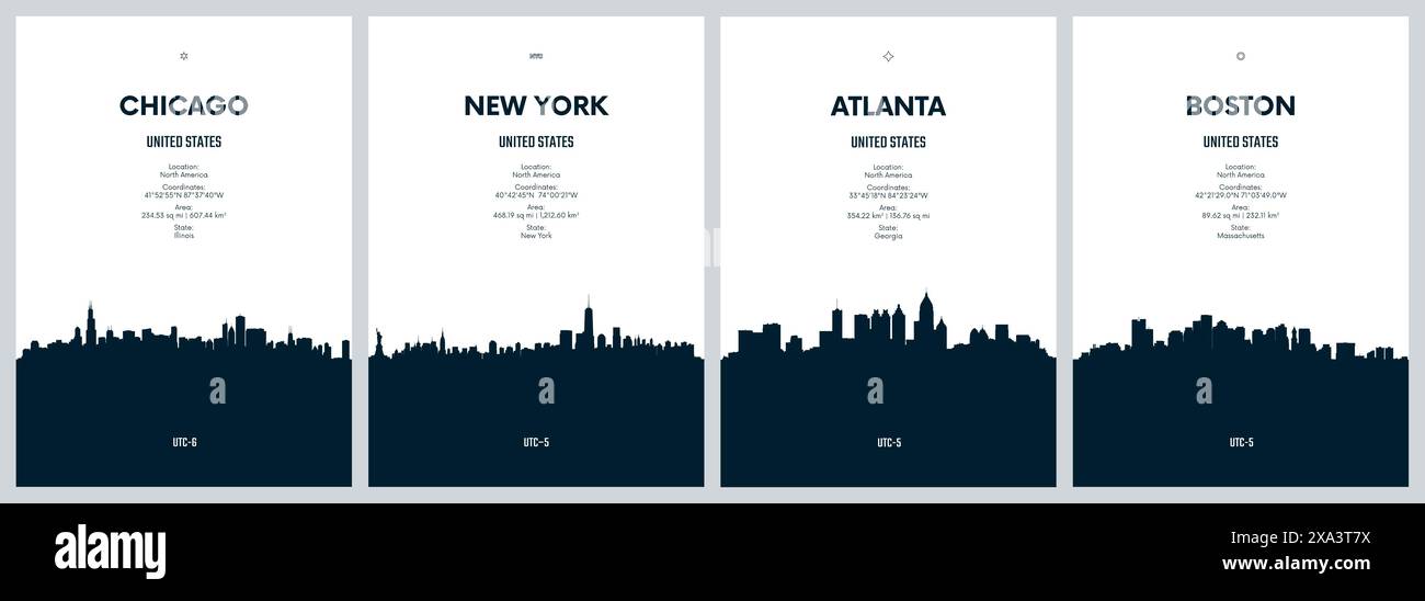 Travel vector set with city skylines New York, Chicago, Atlanta, Boston ...
