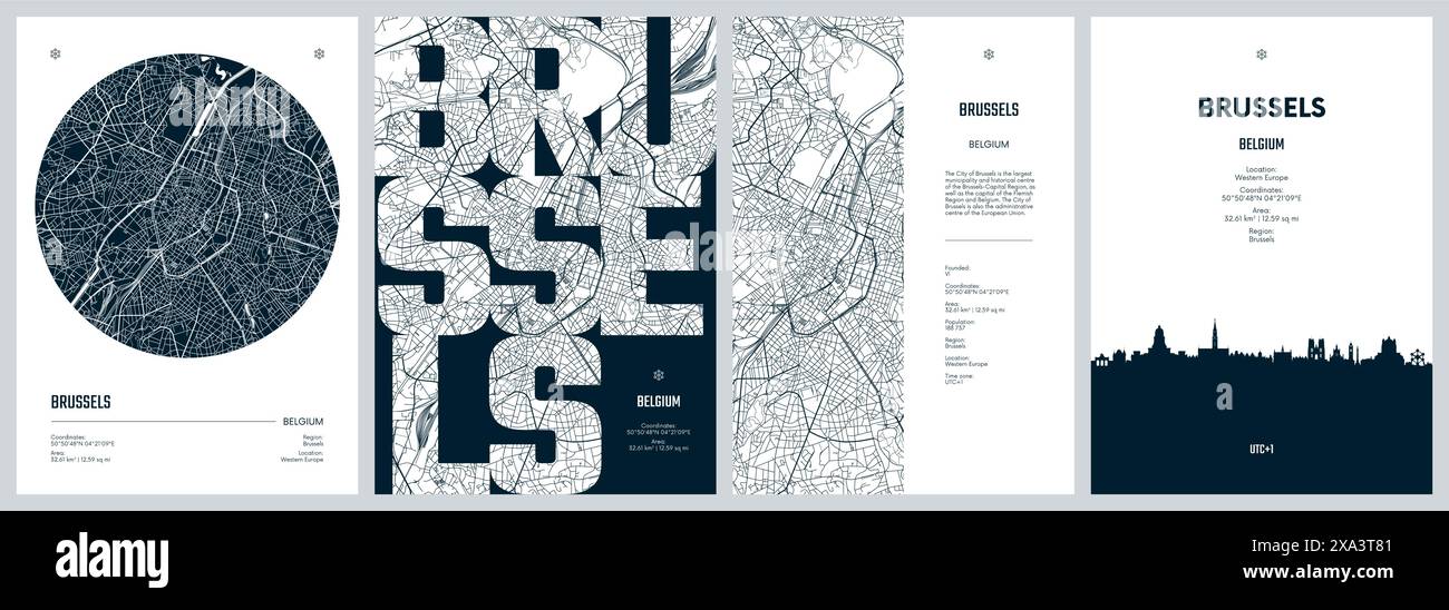 Set of travel posters with Brussels, detailed urban street plan city map, Silhouette city ...