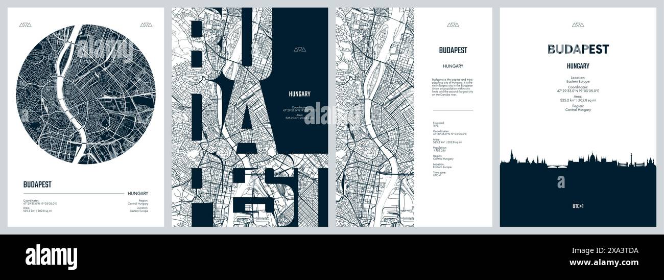 Set of travel posters with Budapest, detailed urban street plan city ...