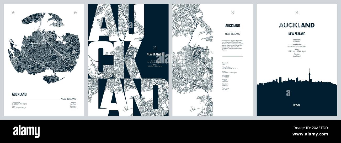 Set of travel posters with Auckland, detailed urban street plan city map, Silhouette city ...