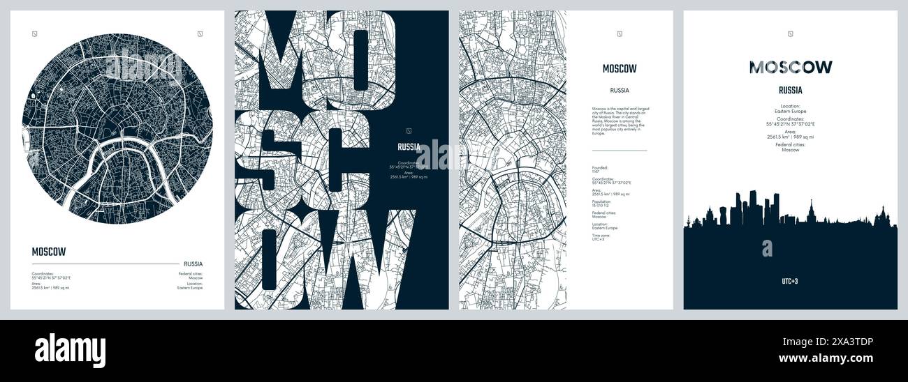 Set of travel posters with Moscow, detailed urban street plan city map ...
