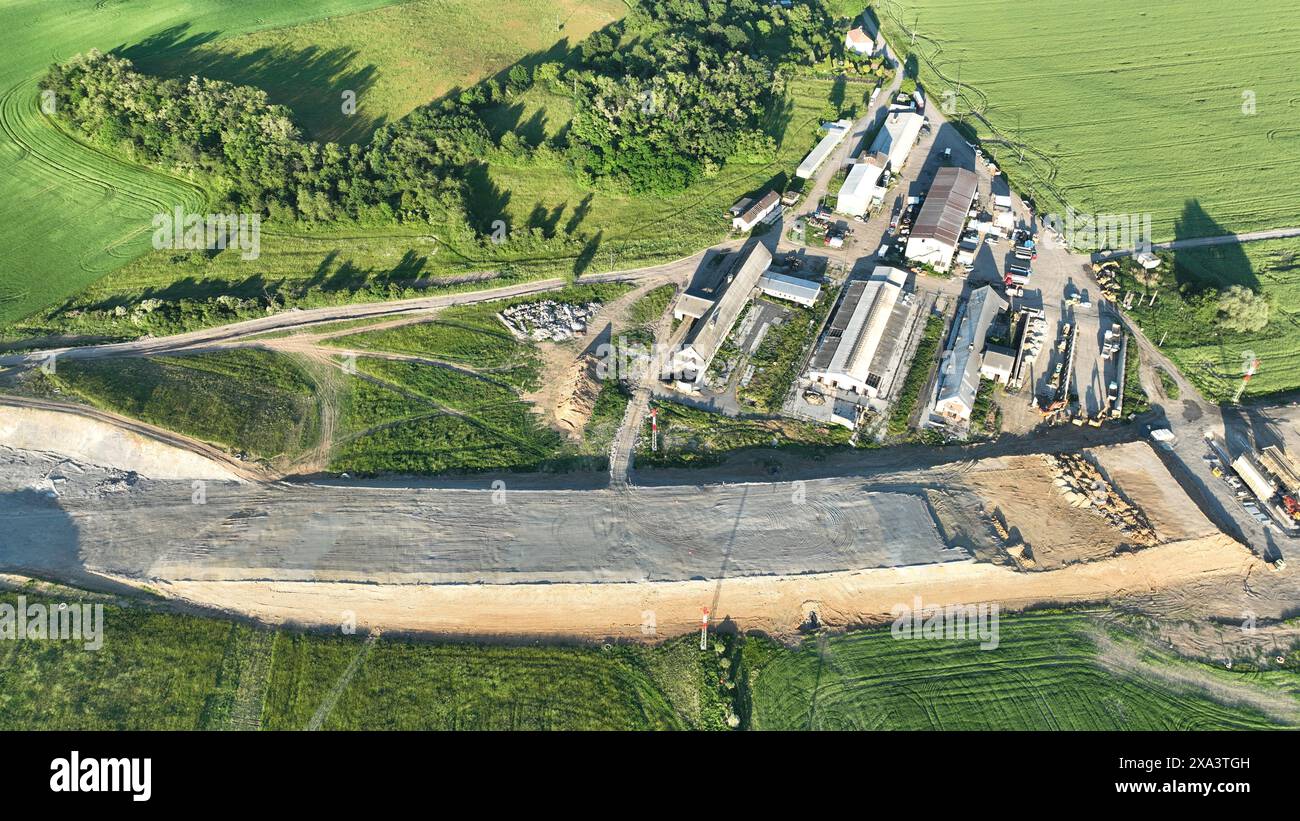 Highway destruction village in construction drone aerial Czech Prerov ...