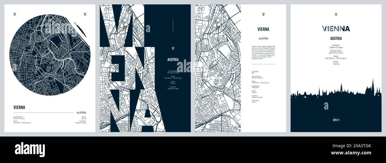 Set of travel posters with Vienna, detailed urban street plan city map, Silhouette city skyline ...