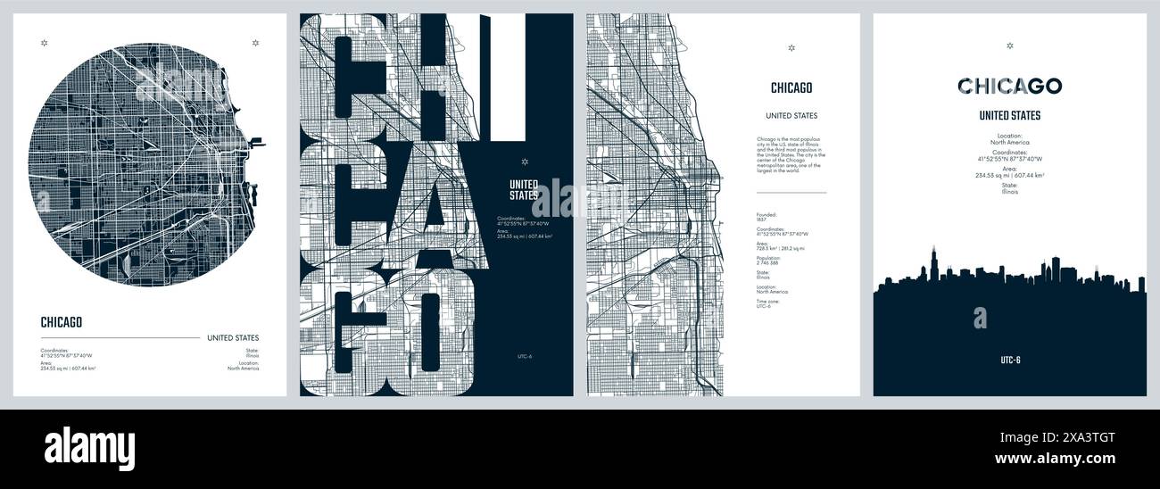 Set of travel posters with Chicago, detailed urban street plan city map ...