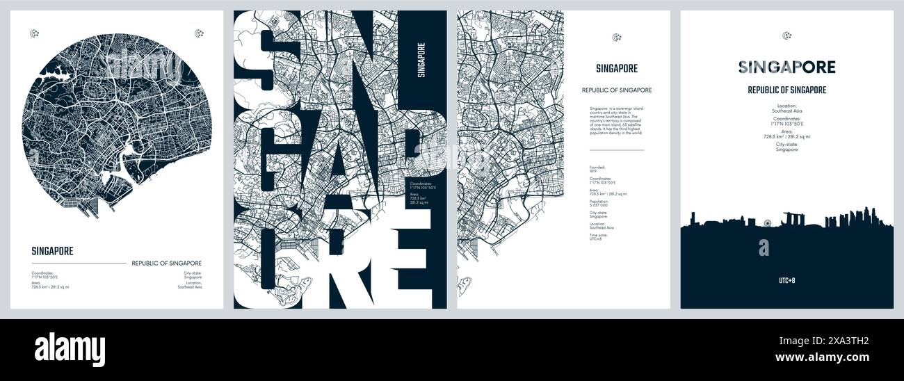 Set of travel posters with Singapore, detailed urban street plan city ...