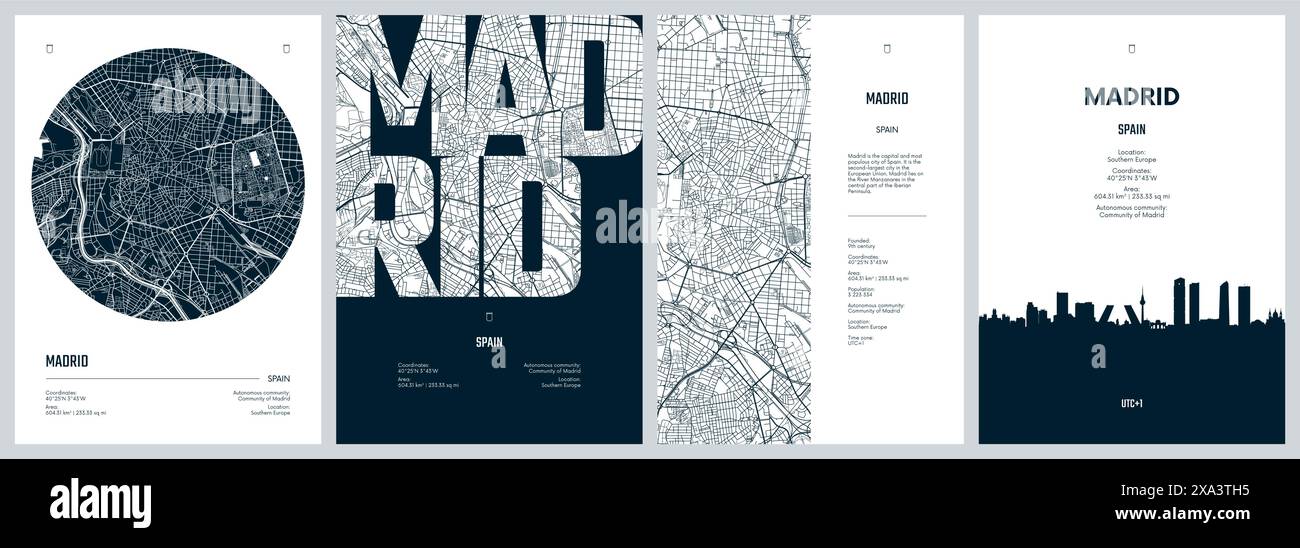 Set of travel posters with Madrid, detailed urban street plan city map ...