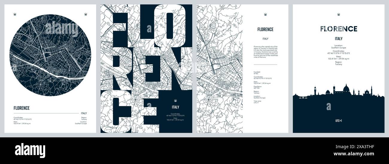 Set of travel posters with Florence, detailed urban street plan city ...