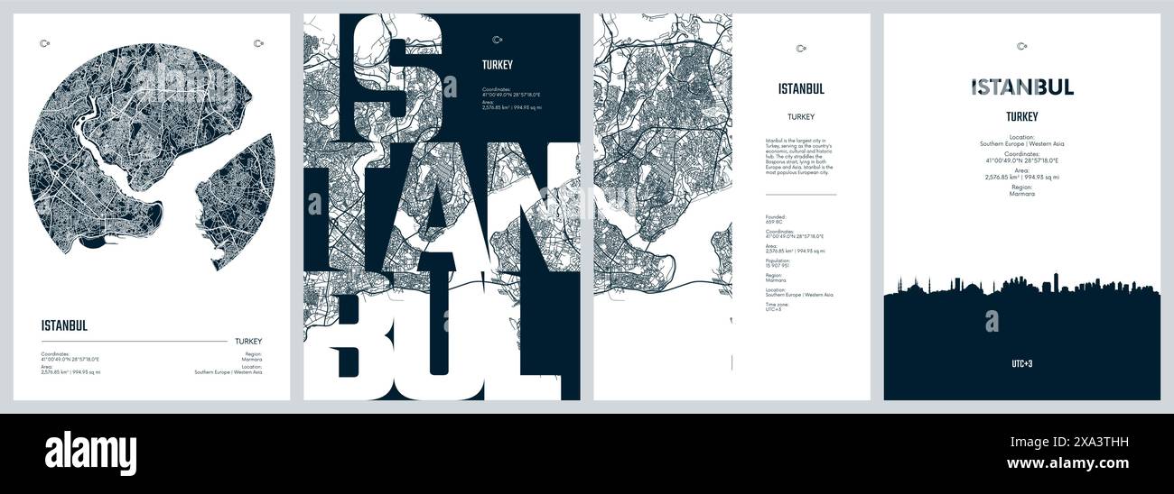 Set of travel posters with Istanbul, detailed urban street plan city ...