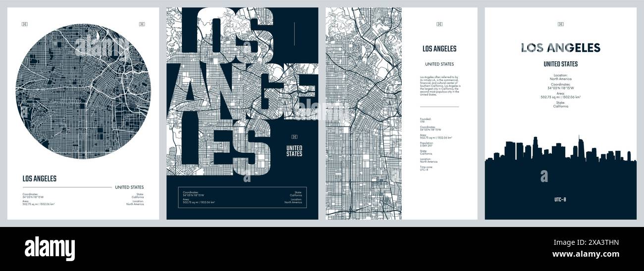 Set of travel posters with Los Angeles, detailed urban street plan city ...