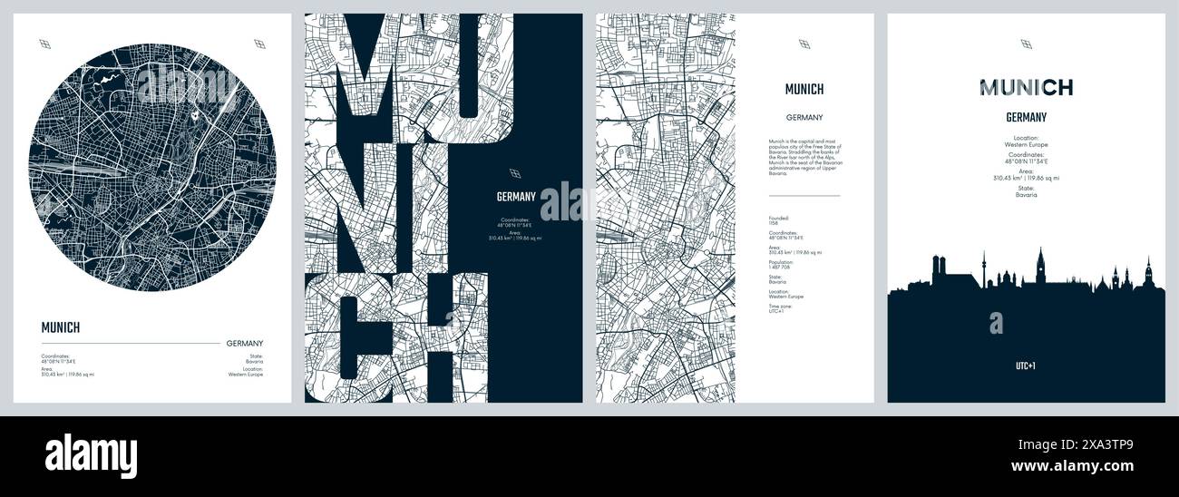Set of travel posters with Munich, detailed urban street plan city map, Silhouette city skyline ...
