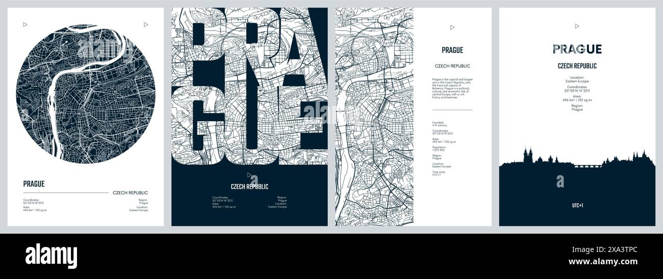 Set of travel posters with Prague, detailed urban street plan city map ...
