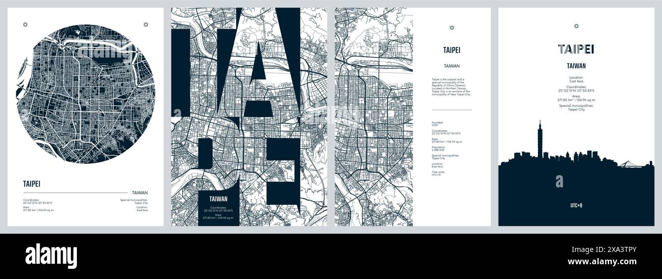 Set of travel posters with Taipei, detailed urban street plan city map ...
