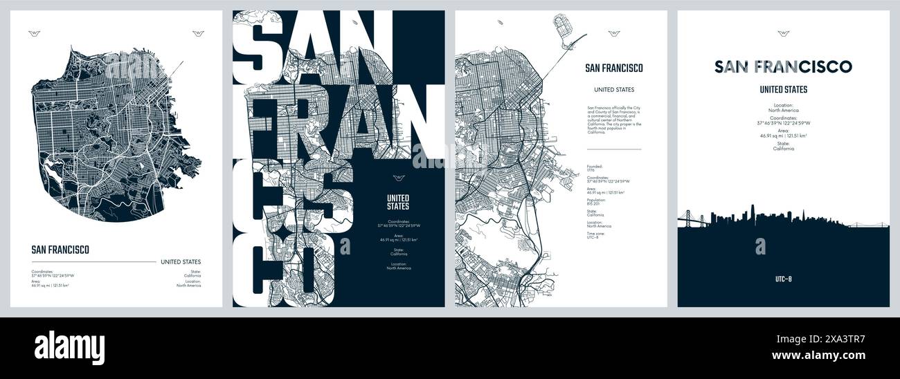 Set of travel posters with San Francisco, detailed urban street plan ...