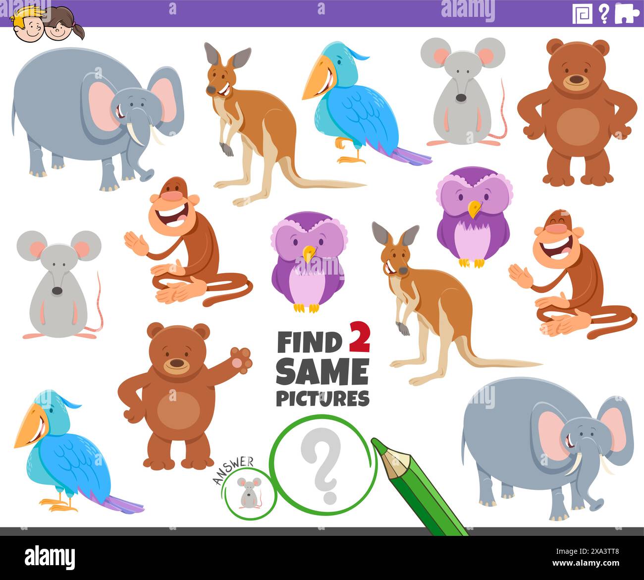 Cartoon illustration of finding two same pictures educational activity ...