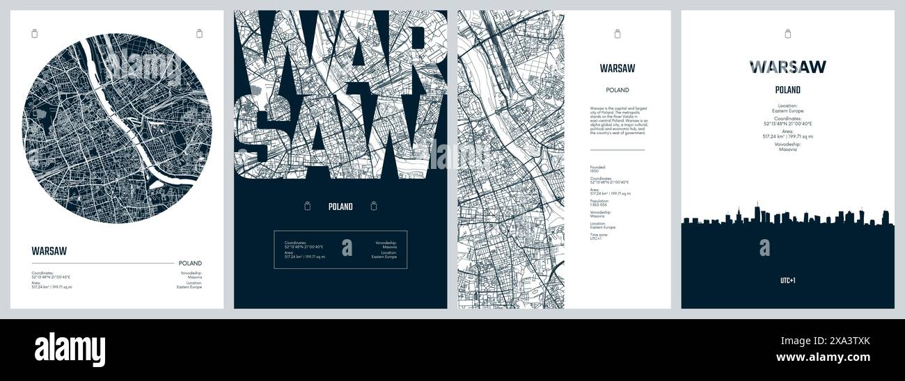 Set of travel posters with Warsaw, detailed urban street plan city map, Silhouette city skyline ...