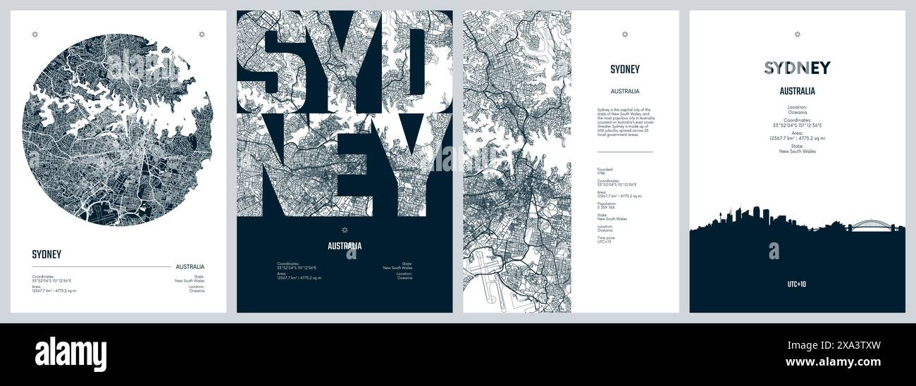 Set of travel posters with Sydney, detailed urban street plan city map ...