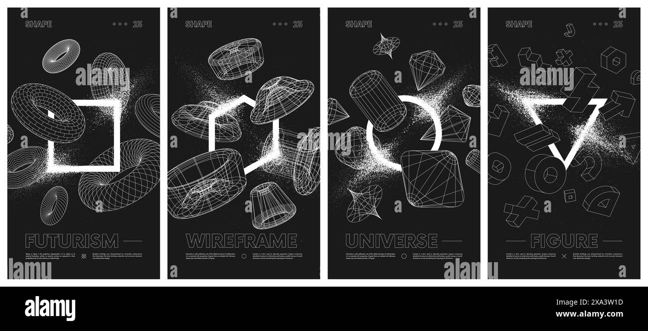 Geometric shapes with particle spray effect, Wireframes strange ...