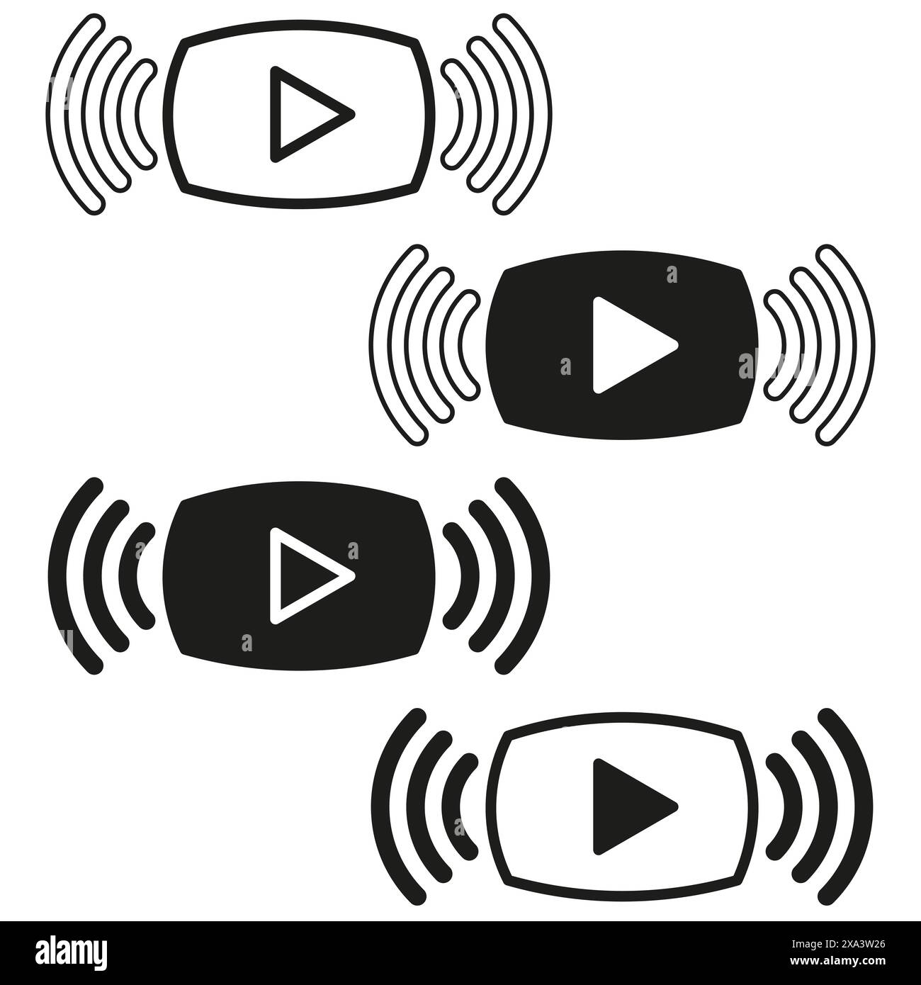 A set of black and white play button icons with sound waves. The design ...