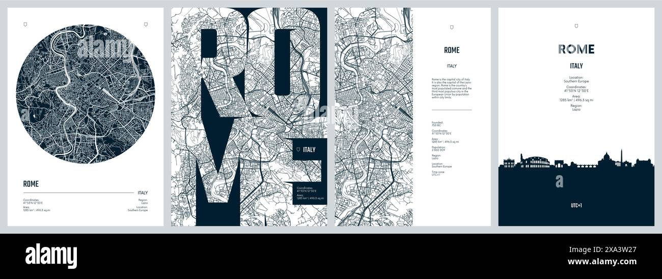Set of travel posters with Rome, detailed urban street plan city map ...