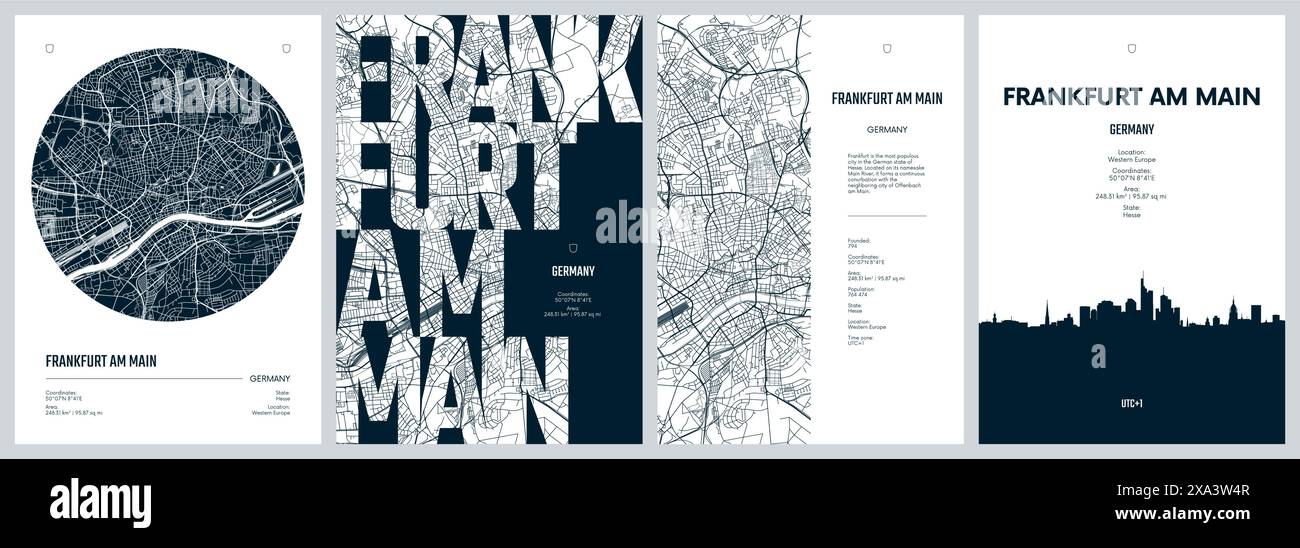 Set of travel posters with Frankfurt am Main, detailed urban street plan city map, Silhouette ...