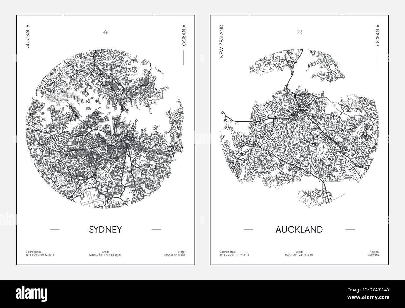 Travel poster, urban street plan city map Sydney and Auckland, vector ...