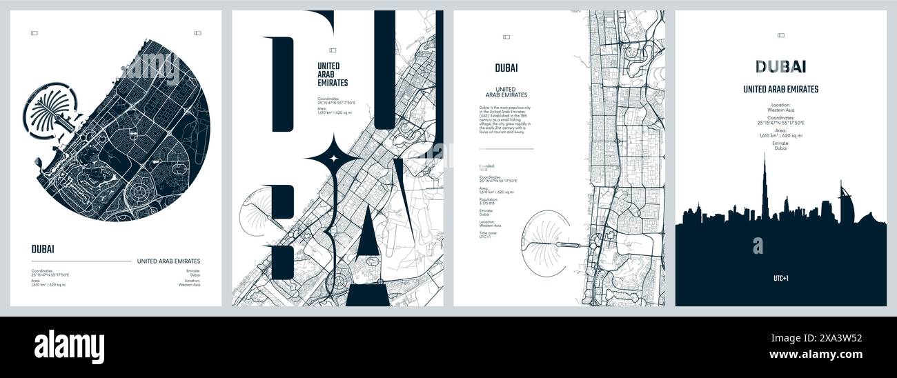 Set of travel posters with Dubai, detailed urban street plan city map ...