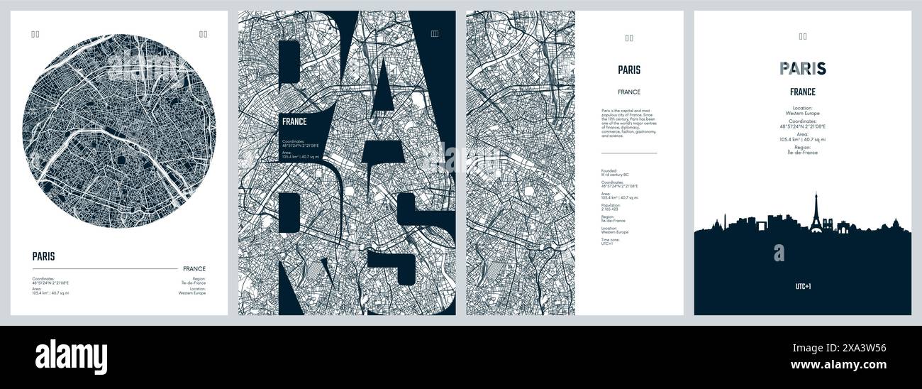 Set of travel posters with Paris, detailed urban street plan city map ...