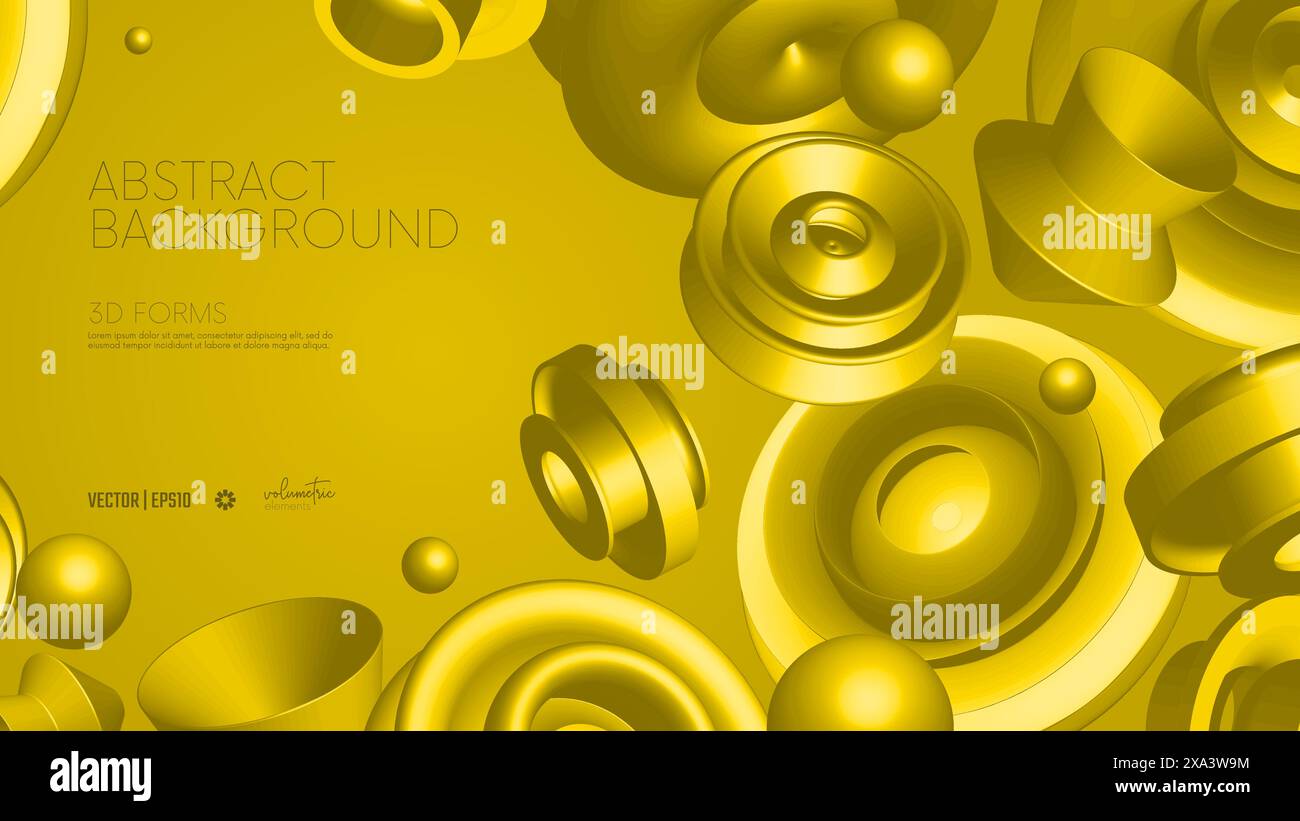 Realistic 3D vector shapes, flying abstract geometric volumetric yellow ...