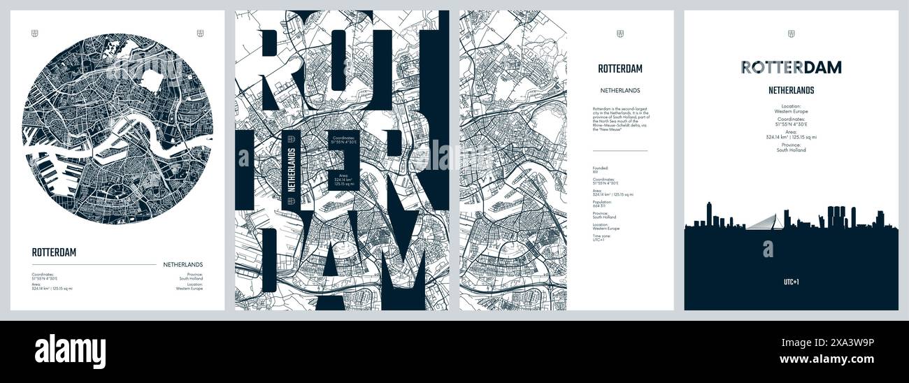 Set of travel posters with Rotterdam, detailed urban street plan city ...
