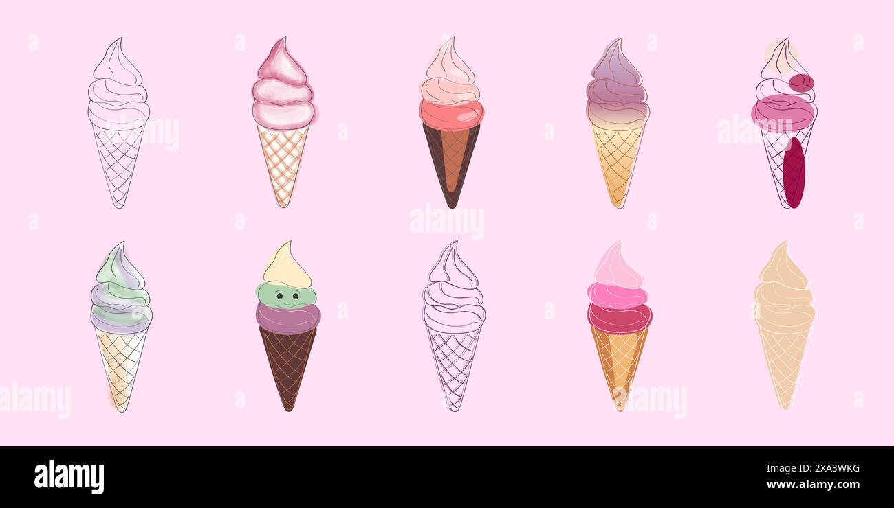 This image features ten colorful ice cream cones arranged on a pink ...