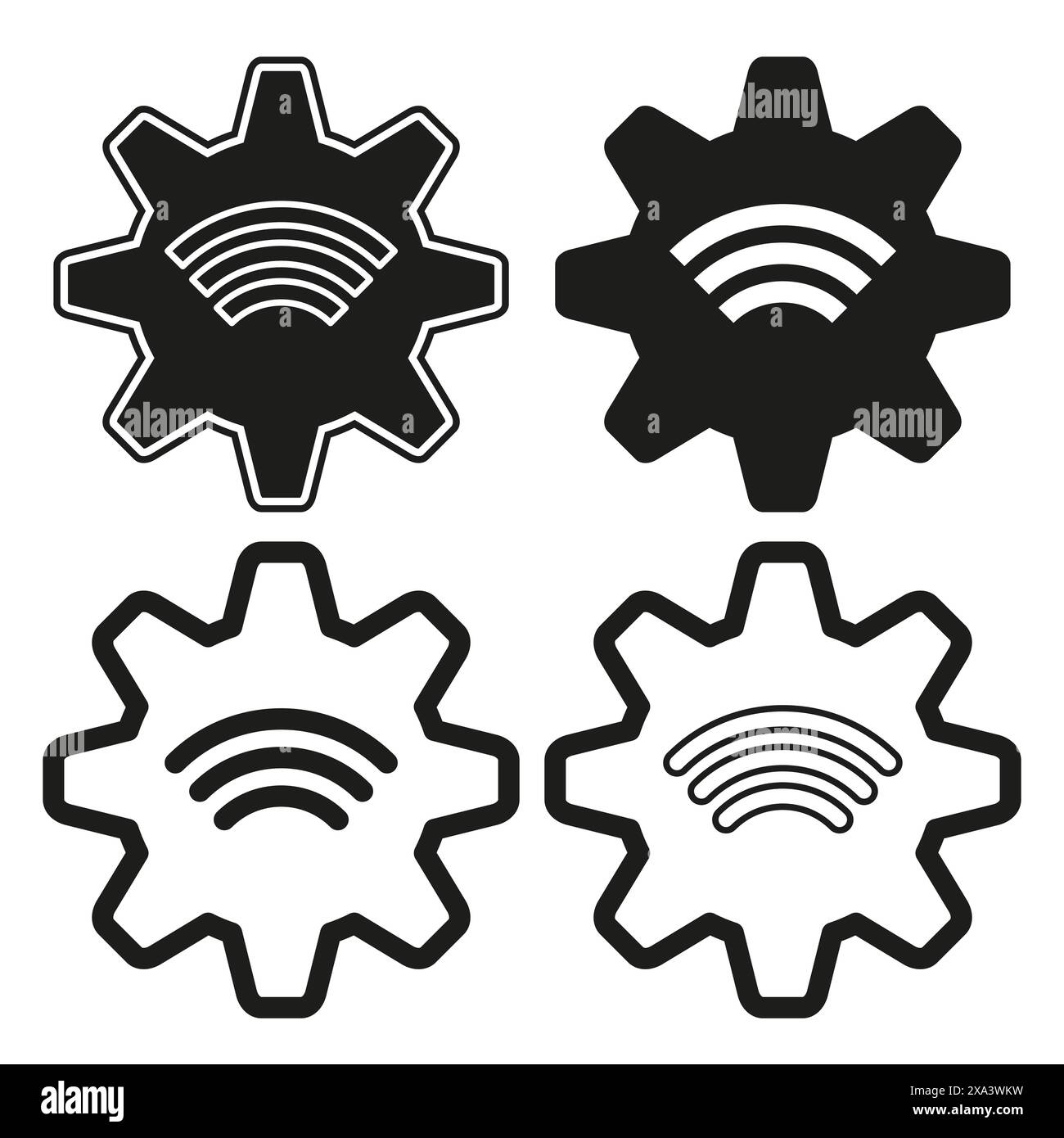 Wi Fi gear icons. Black and white. Technology settings symbols. Modern ...