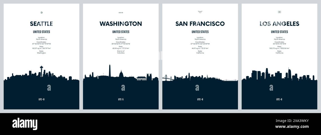 Travel vector set with city skylines Seattle, Washington, San Francisco ...