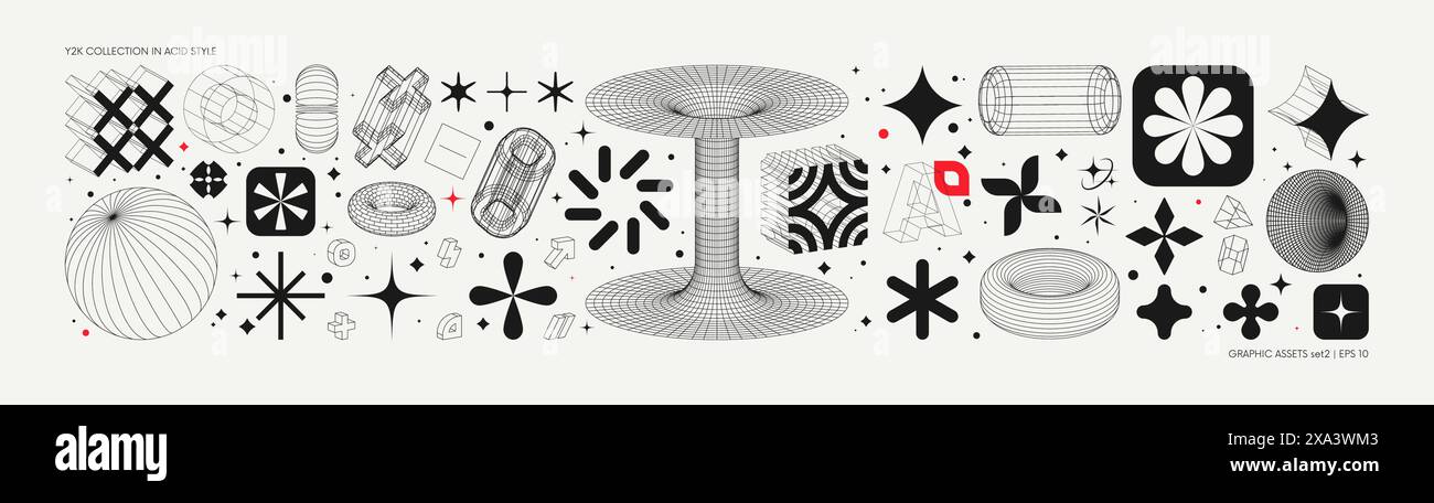 Vector graphic assets set in acid style, retro futuristic background ...