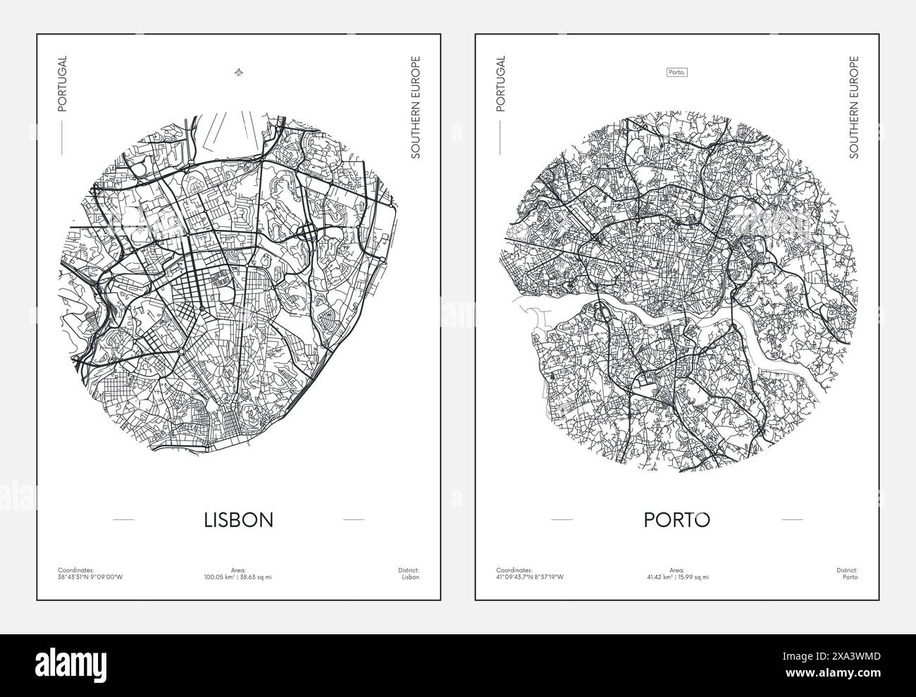 Travel poster, urban street plan city map Lisbon and Porto, vector ...