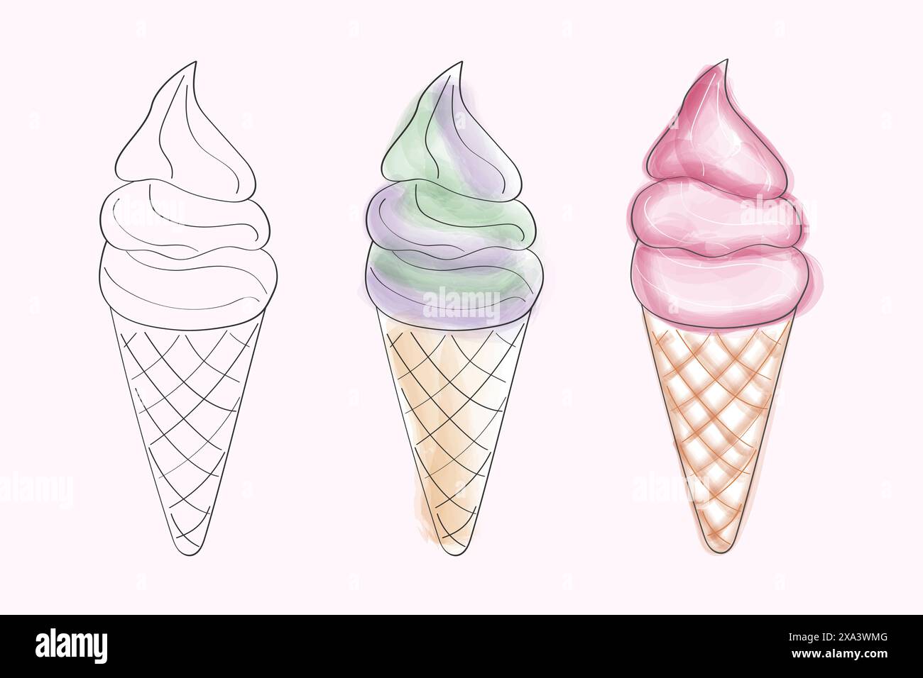 This illustration features three ice cream cones drawn in different ...